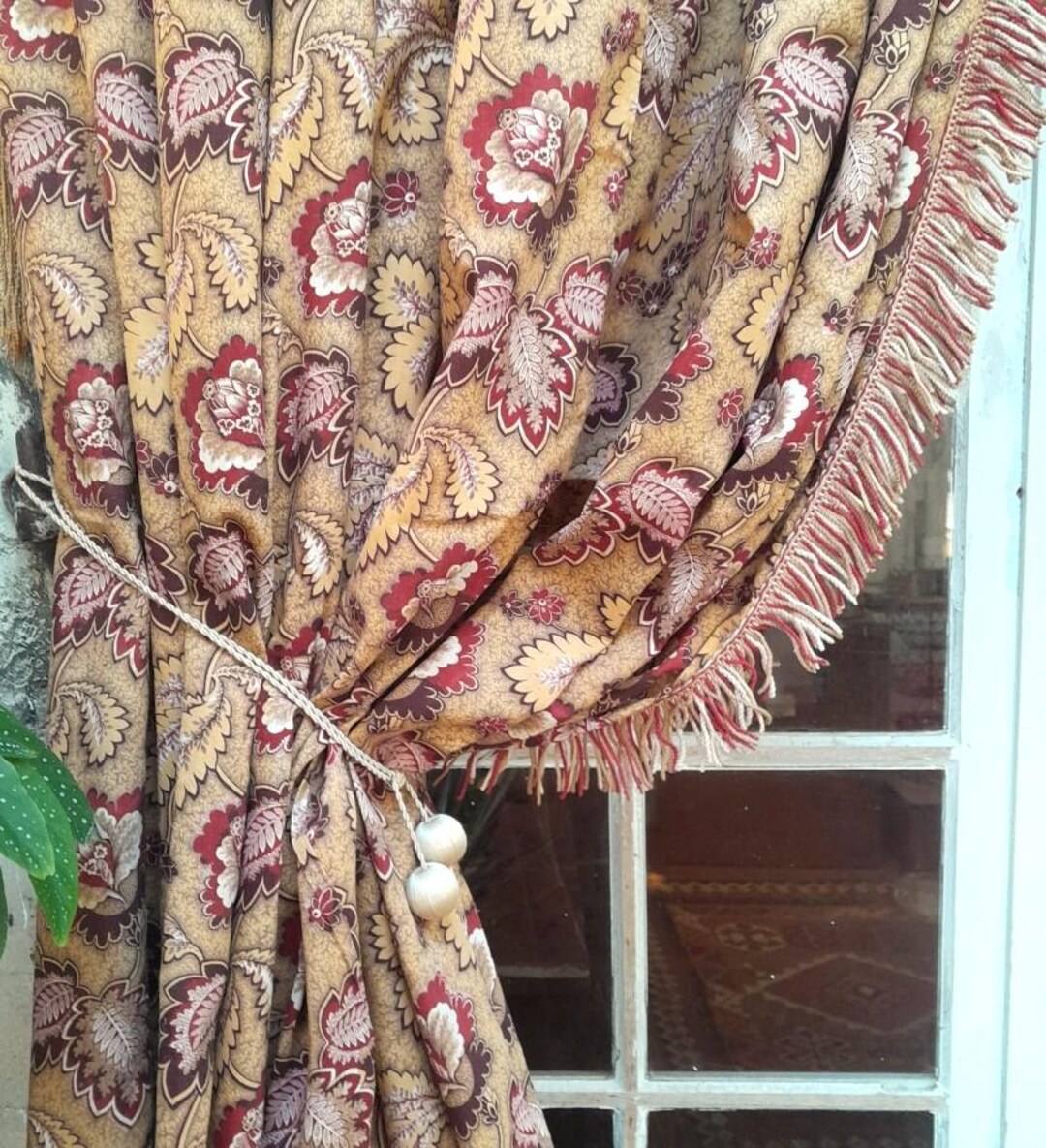 Antique French Chateau Curtains: Art Nouveau Floral Drapes With Brass ...