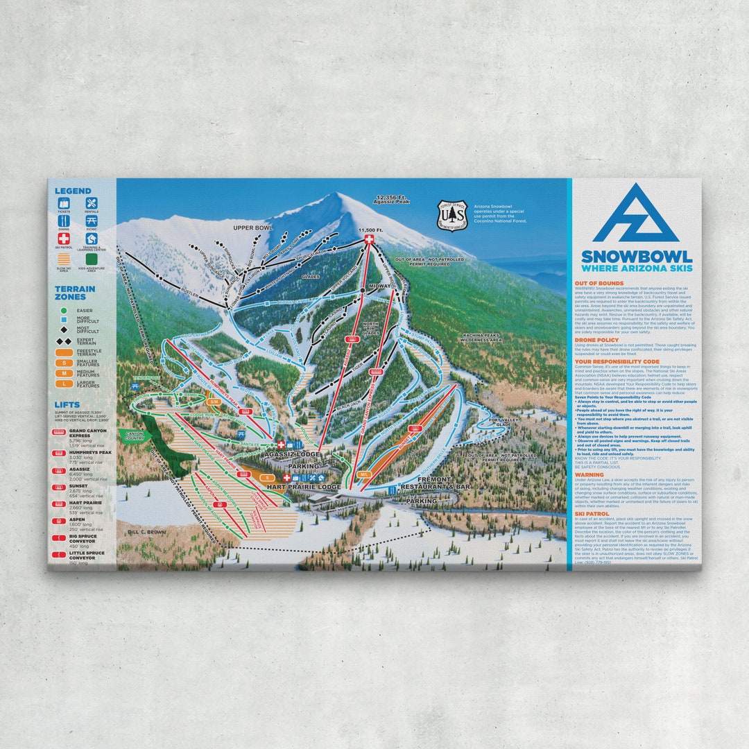 WRAPPED CANVAS 2020 Arizona Snowbowl Ski Trail Map Ski Home Decor, Ski ...