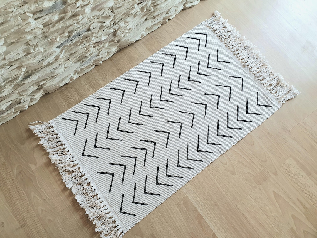 Boho Rug, Mudcloth Rug, Small Area Rug, Black and Cream Rug, Tassels ...