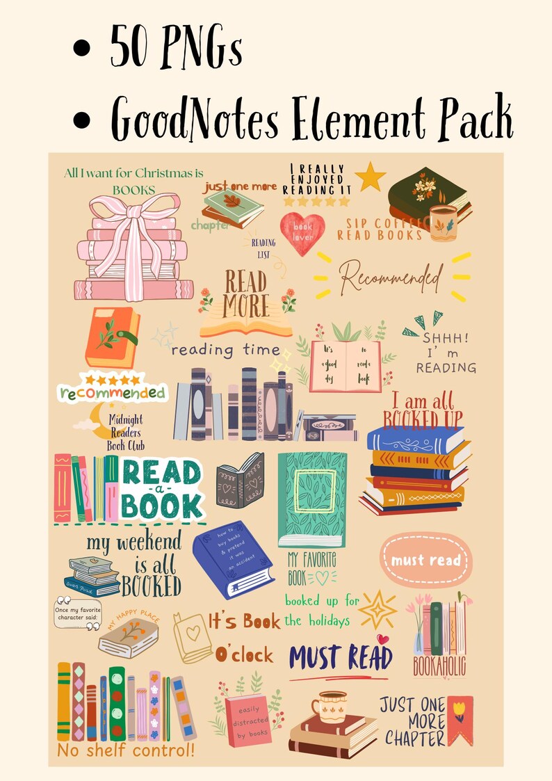 Digital Book Lover Stickers Pack - 50 Digital Stickers for Goodnotes ...