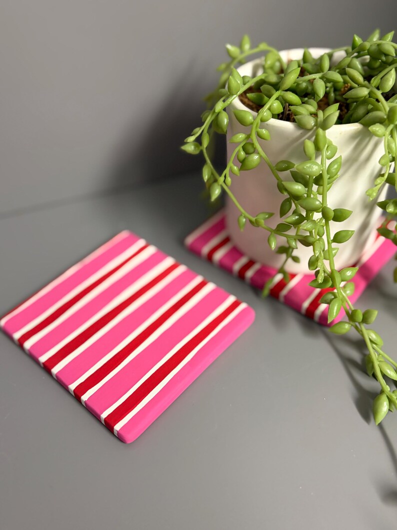 Pink and Red Stripe Hand Painted Ceramic Coasters. - Etsy UK