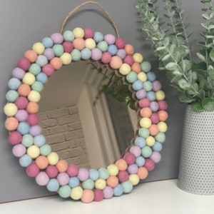 Medium Circular Hanging Pom Pom Mirror, Pastel Rainbow Pom Poms ...