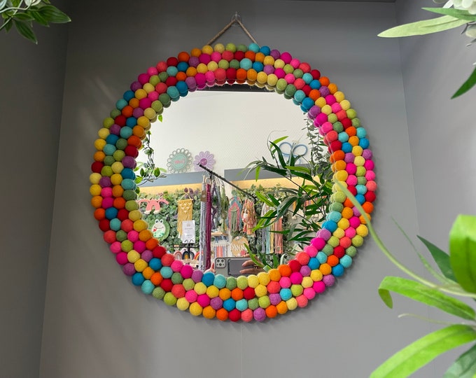 27” Rainbow Pom Pom Statement Mirror, Unique Wall Mirror. Large Round ...