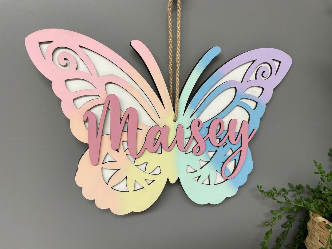 Layered Butterfly Name Plaque, Wooden Butterfly Sign, New Baby Gift ...