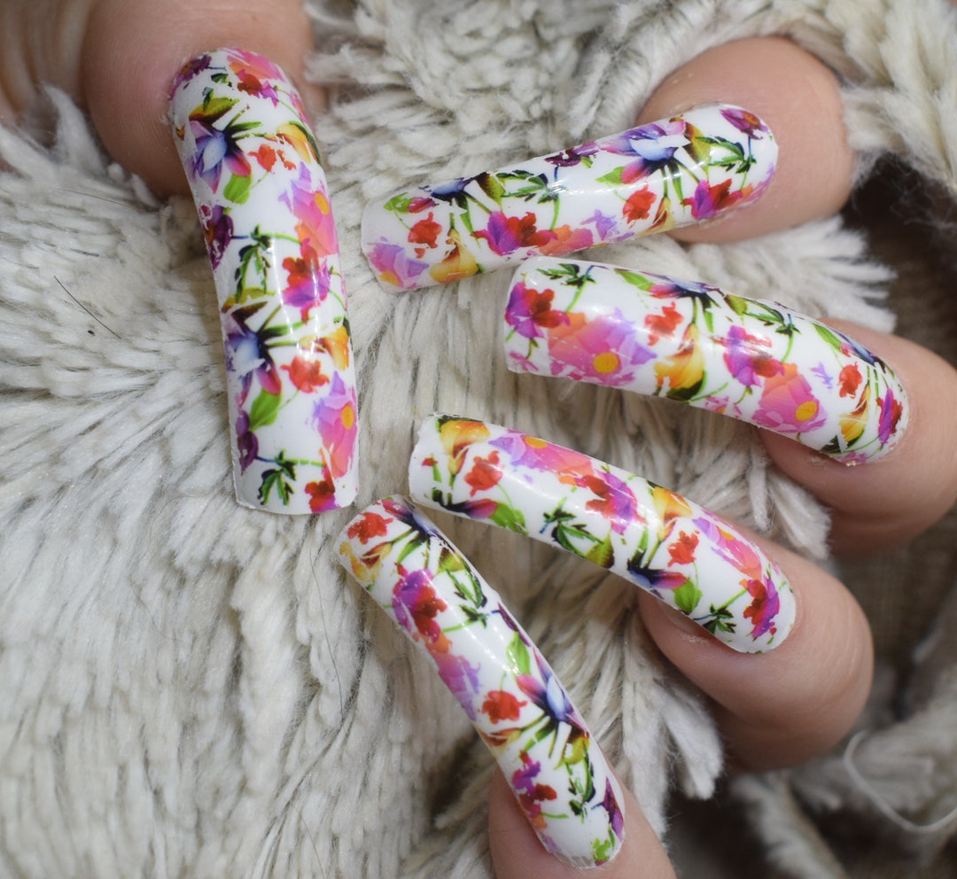 White Floral Fake Nails, Extra Long Curved False Nails, Hand Painted ...