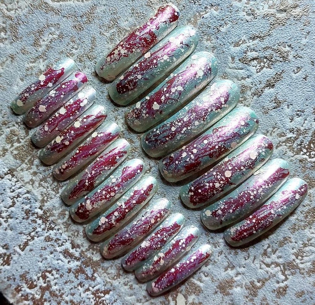 Blue Pink Fake Nails, Extra Long Curved False Nails, Hand Painted Nails ...