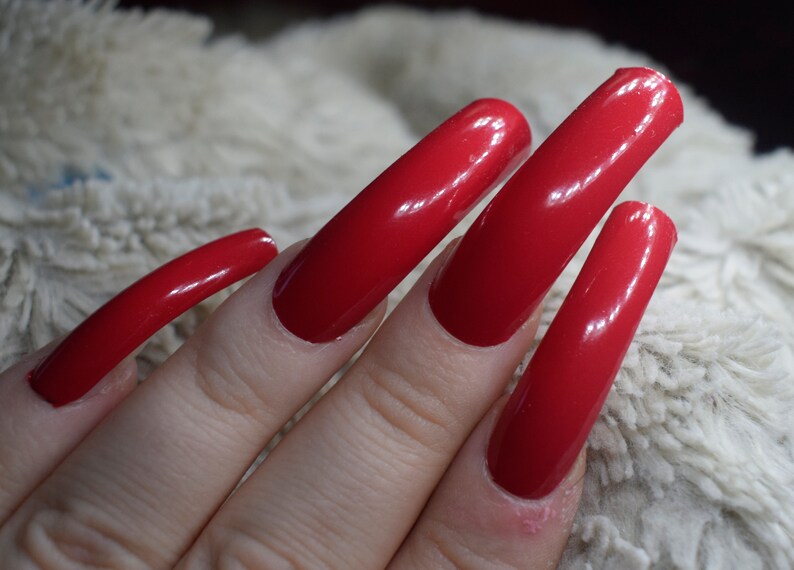 Bright Red Fake Nails Extra Long Curved False Nails Hand - Etsy