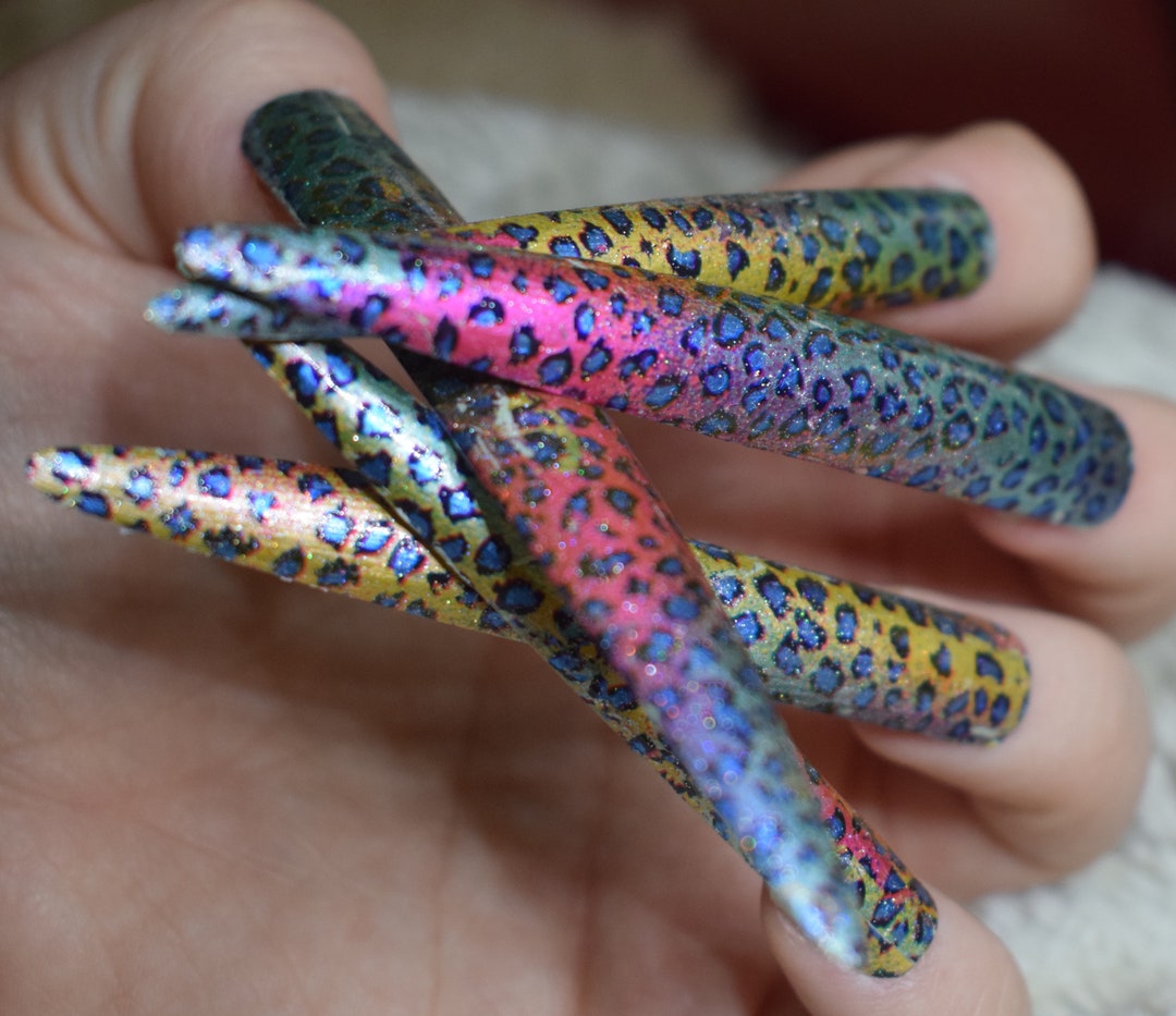 Leopard Skin Fake Nails Super Long Stiletto False Nails Hand Etsy