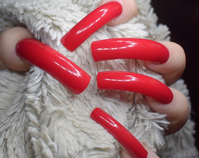 Bright Red Fake Nails, Extra Long Curved False Nails, Hand Painted ...