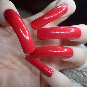 Bright Red Fake Nails Extra Long Curved False Nails Hand - Etsy