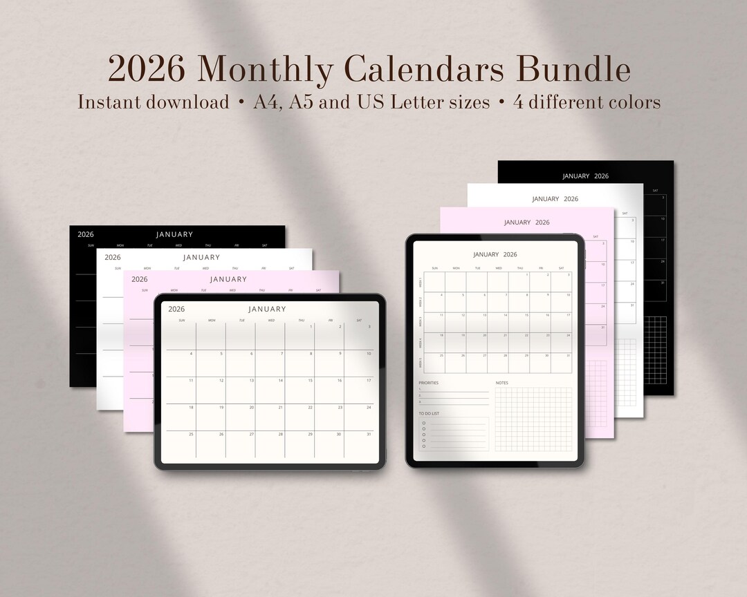2026 Monthly Calendar Bundle: Vertical & Horizontal Layouts (digital ...