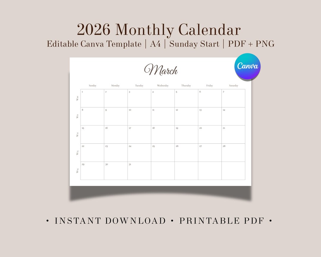 2026 Minimalist Horizontal Calendar | A4 Printable PDF & PNG | Editable ...