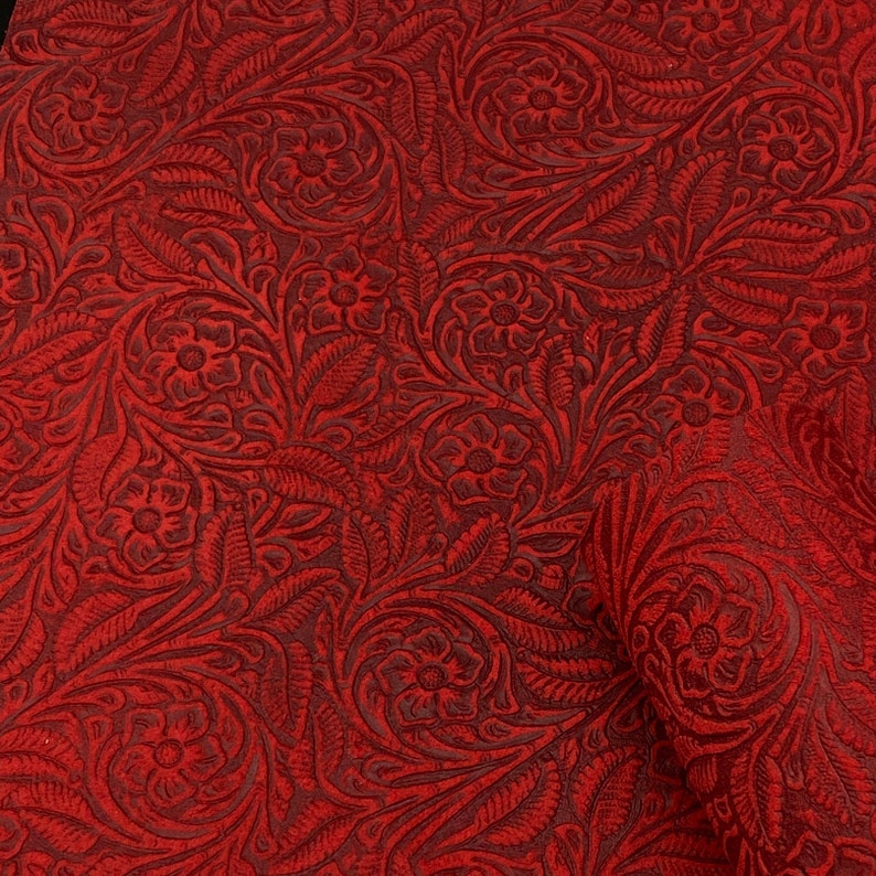 Cowhide Leather Red Floral Embossed Suede Leather Sheets | Etsy