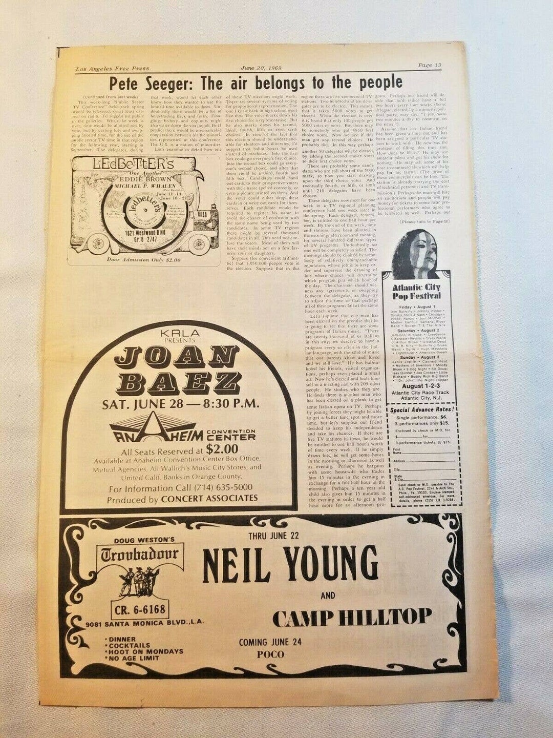 Vintage Ad Neil Young Joan Baez Janis Joplin AC Pop Festival 1969 LA ...
