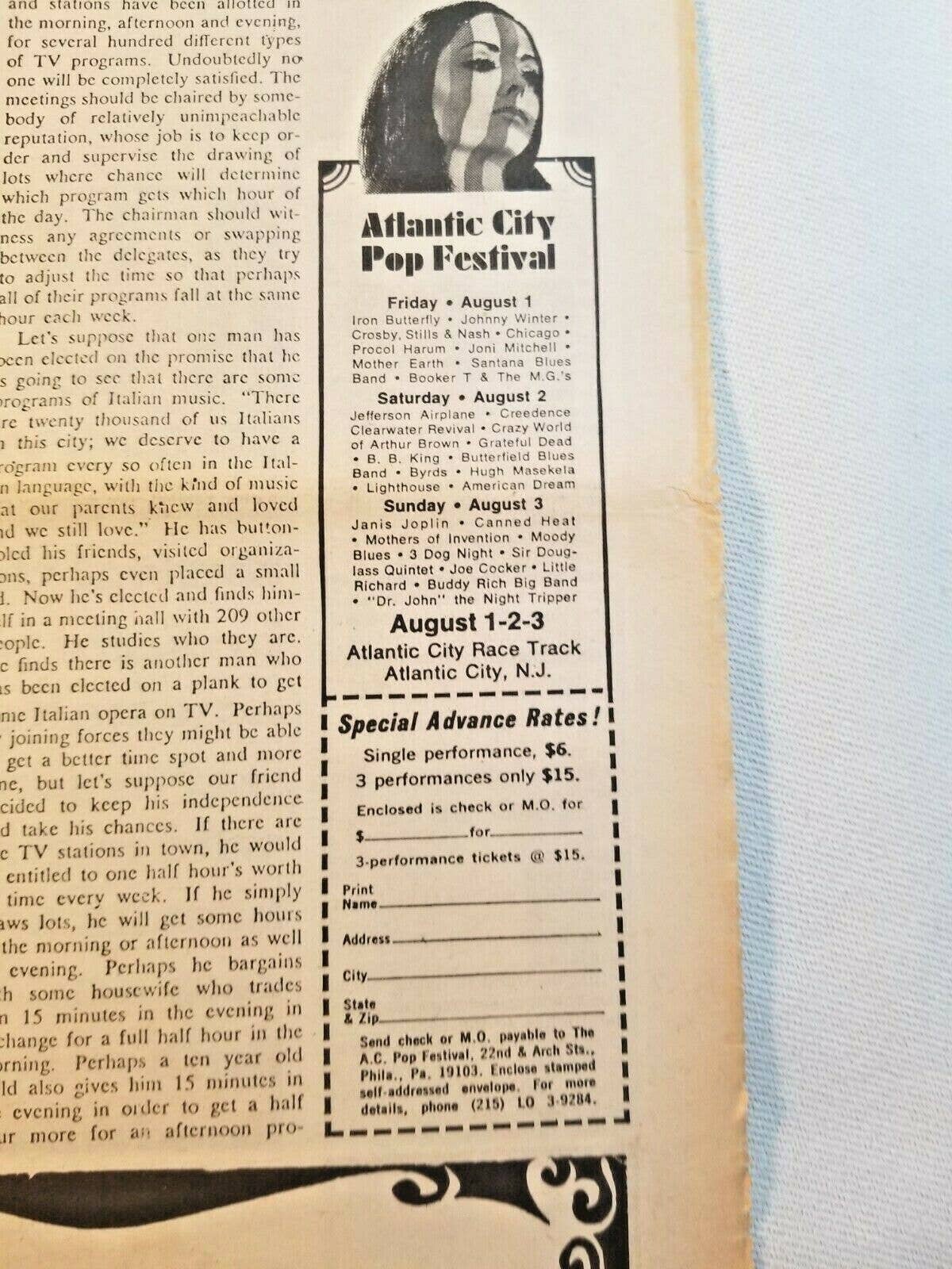 Vintage Ad Neil Young Joan Baez Janis Joplin AC Pop Festival 1969 LA ...