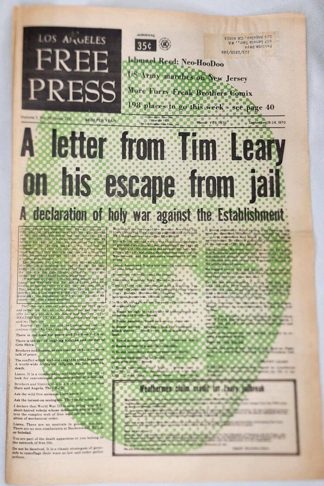 Vintage Timothy Leary Letter About His Escape From Jail 1970 LA FREE ...