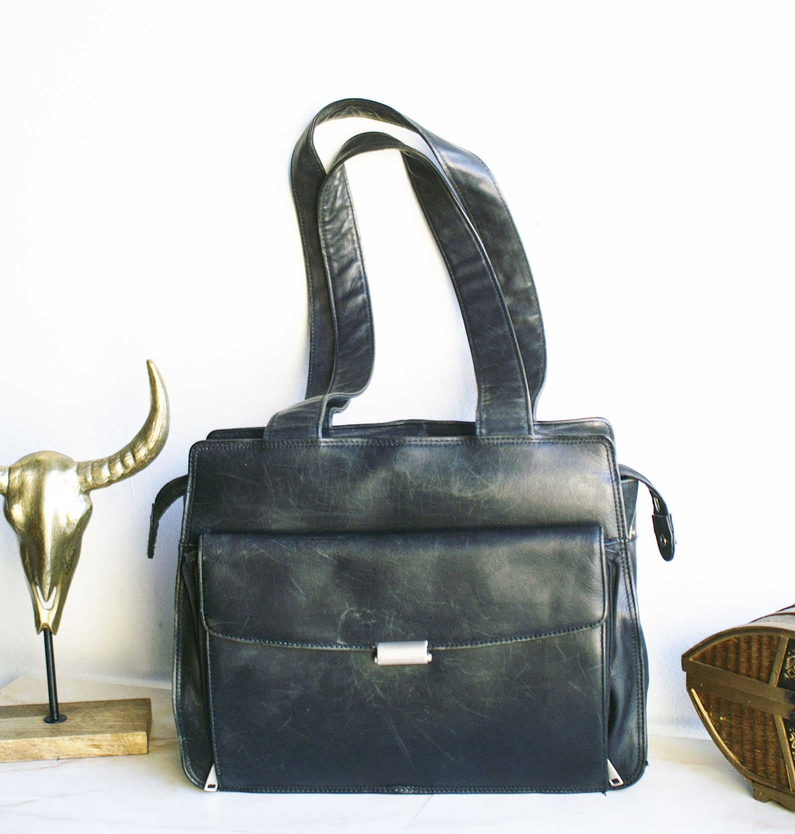 Vintage 90s Black Leather Computer/laptop Bag - Etsy