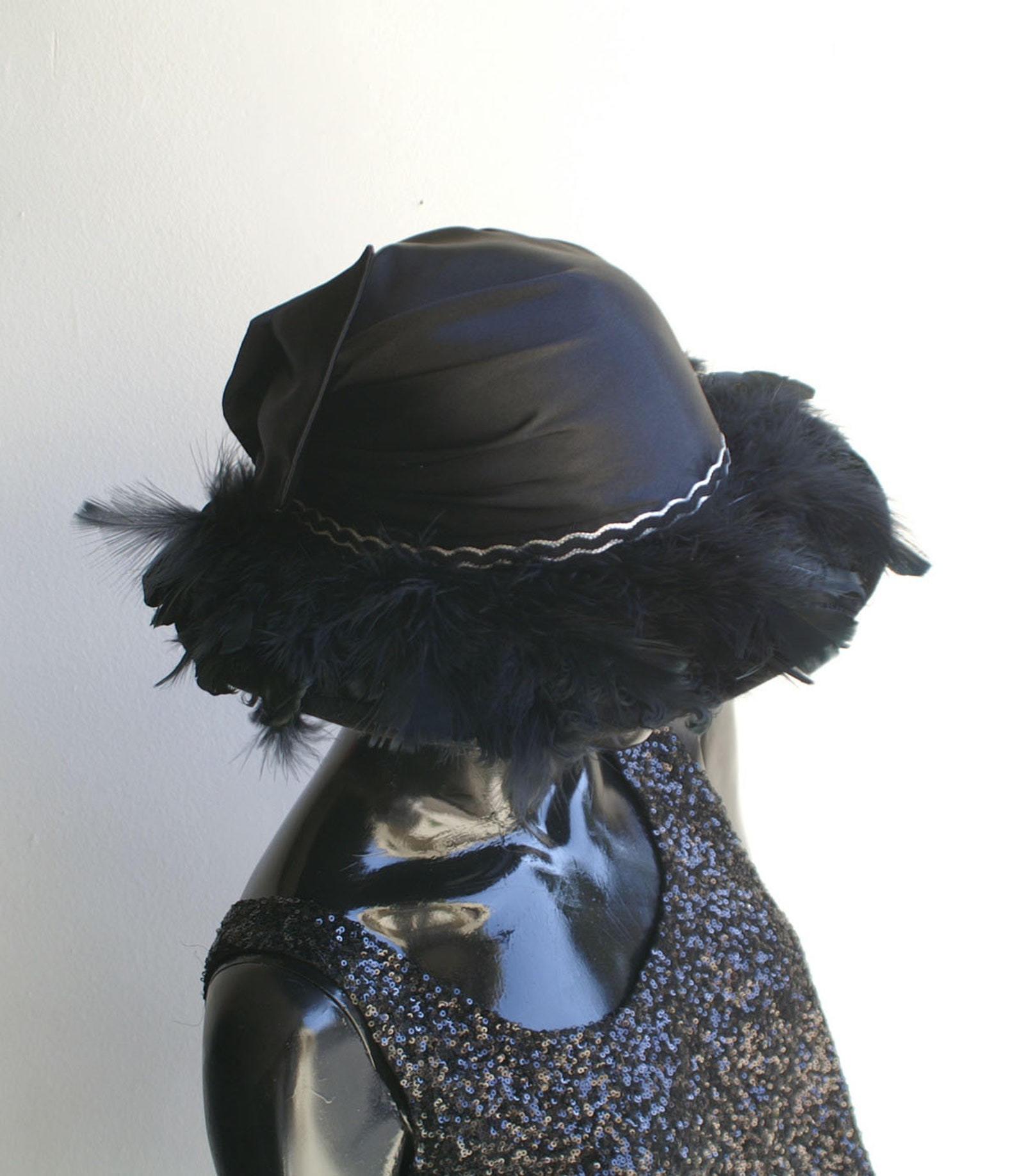 Vintage Whittall & Shon Black Felt Wool Hat W/ Feather Brim US Size ...