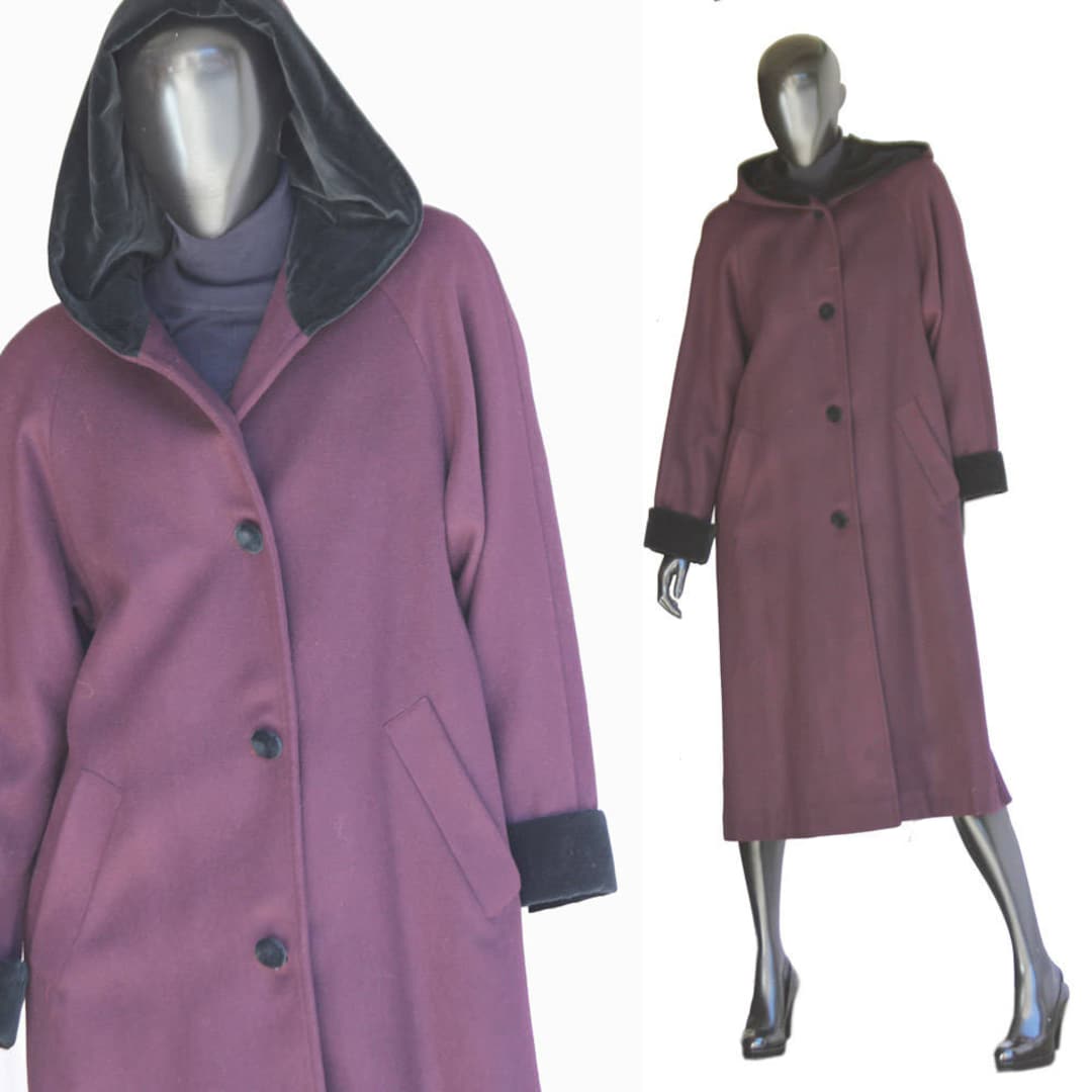 Vintage Herman Kay Aubergine Color Hooded Wool Coat , Velvet Lined Hood ...
