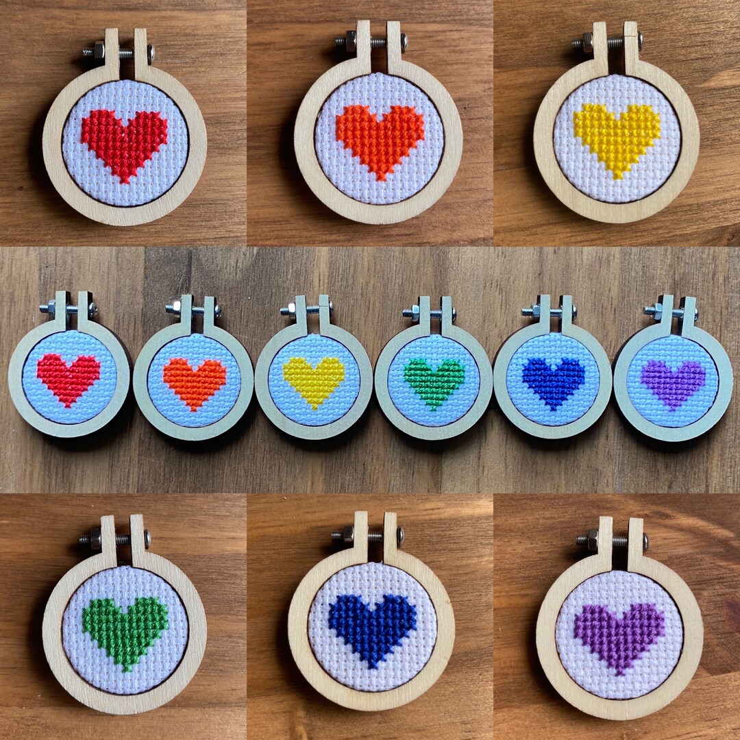 Rainbow Heart Cross Stitch Mini Hoops Magnet/lapel Pin/ornament - Etsy