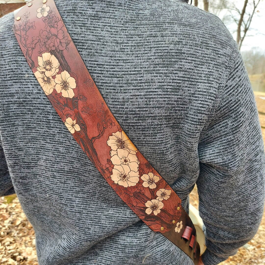 Cherry Blossoms Leather Guitar Strap. Handmade Instrument Strap in ...