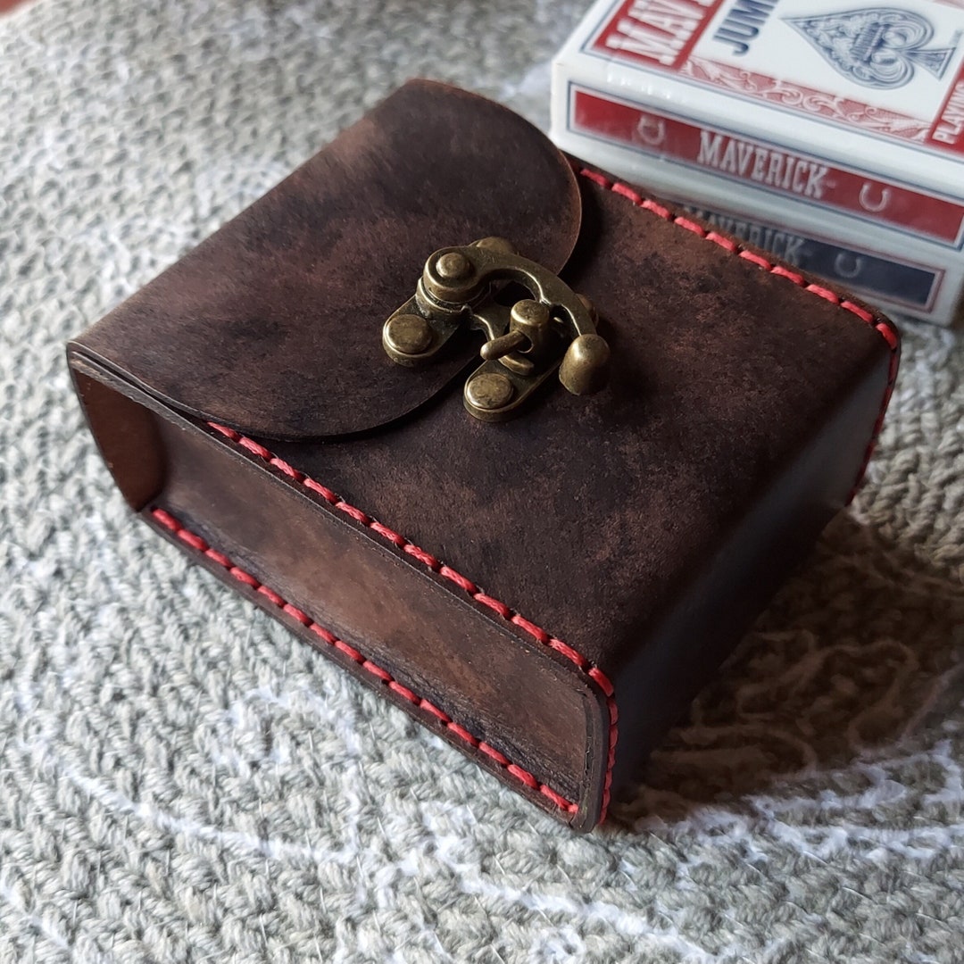 Premium Leather Playing Card Case in Antique Black With Red Stitching ...