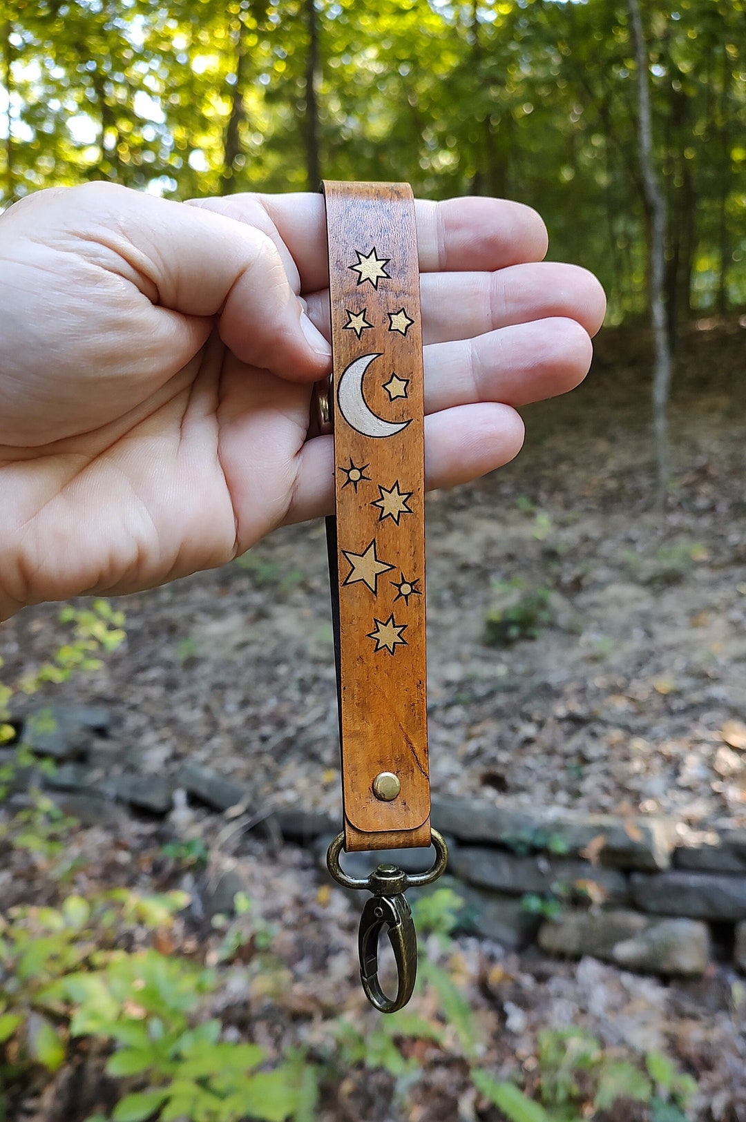 Moon & Stars Hand Painted on Premium Leather Wrist Strap. Celestial ...