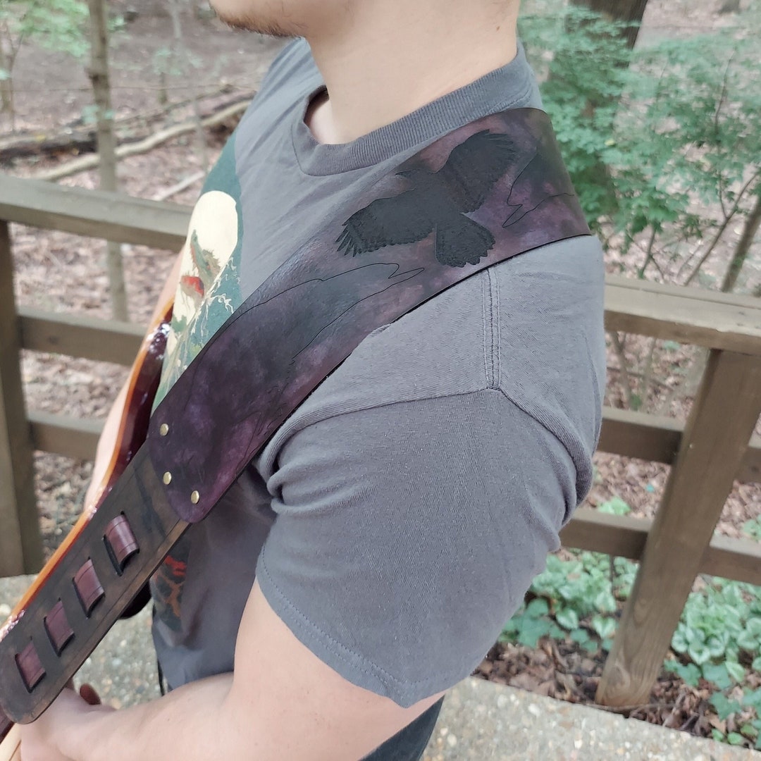 Deep Violet Ravens Hand Crafted Thick Premium Leather Guitar Strap ...
