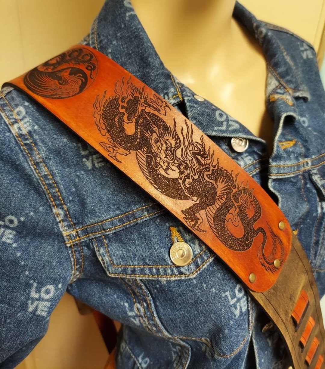 Red Dragon & Phoenix Hand Crafted Thick Premium Leather Guitar Strap ...