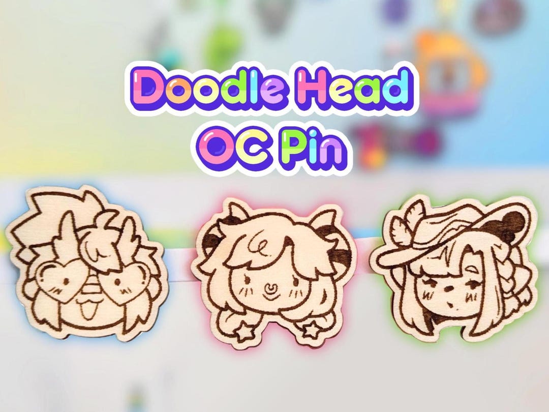 CUSTOM OC Doodle Head Pin Commissions Mini Wood Pin | Wood Cut Pin ...
