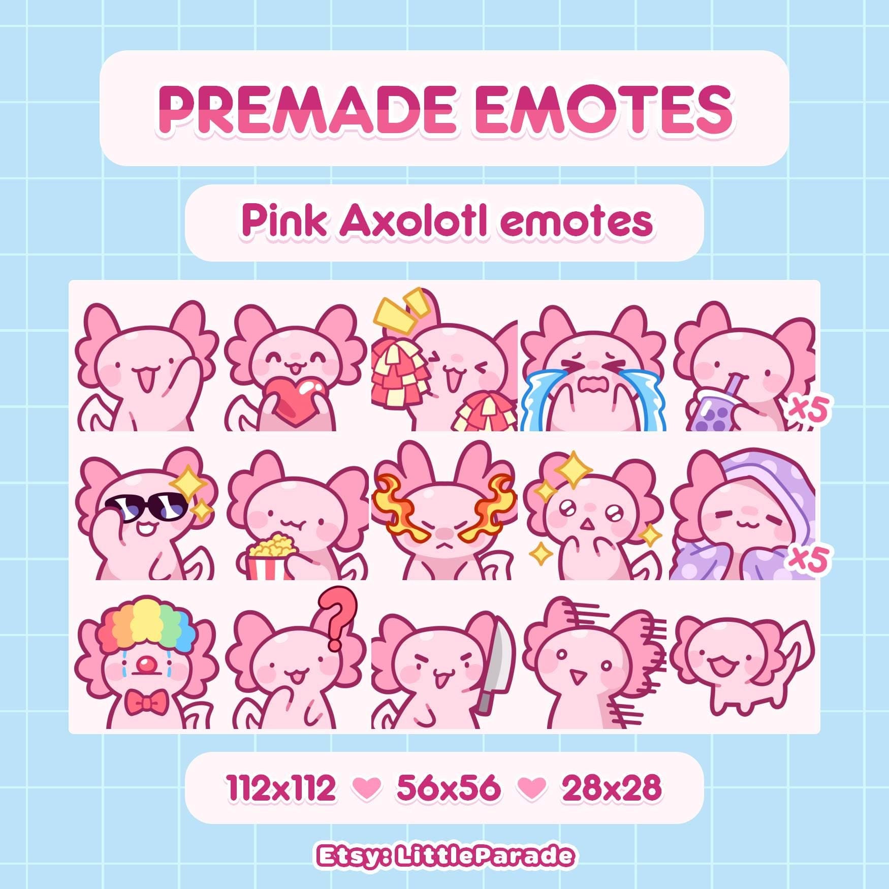 Pink Axolotl - 23 Cute Emotes Set | Premade Emotes Digital Assets ...