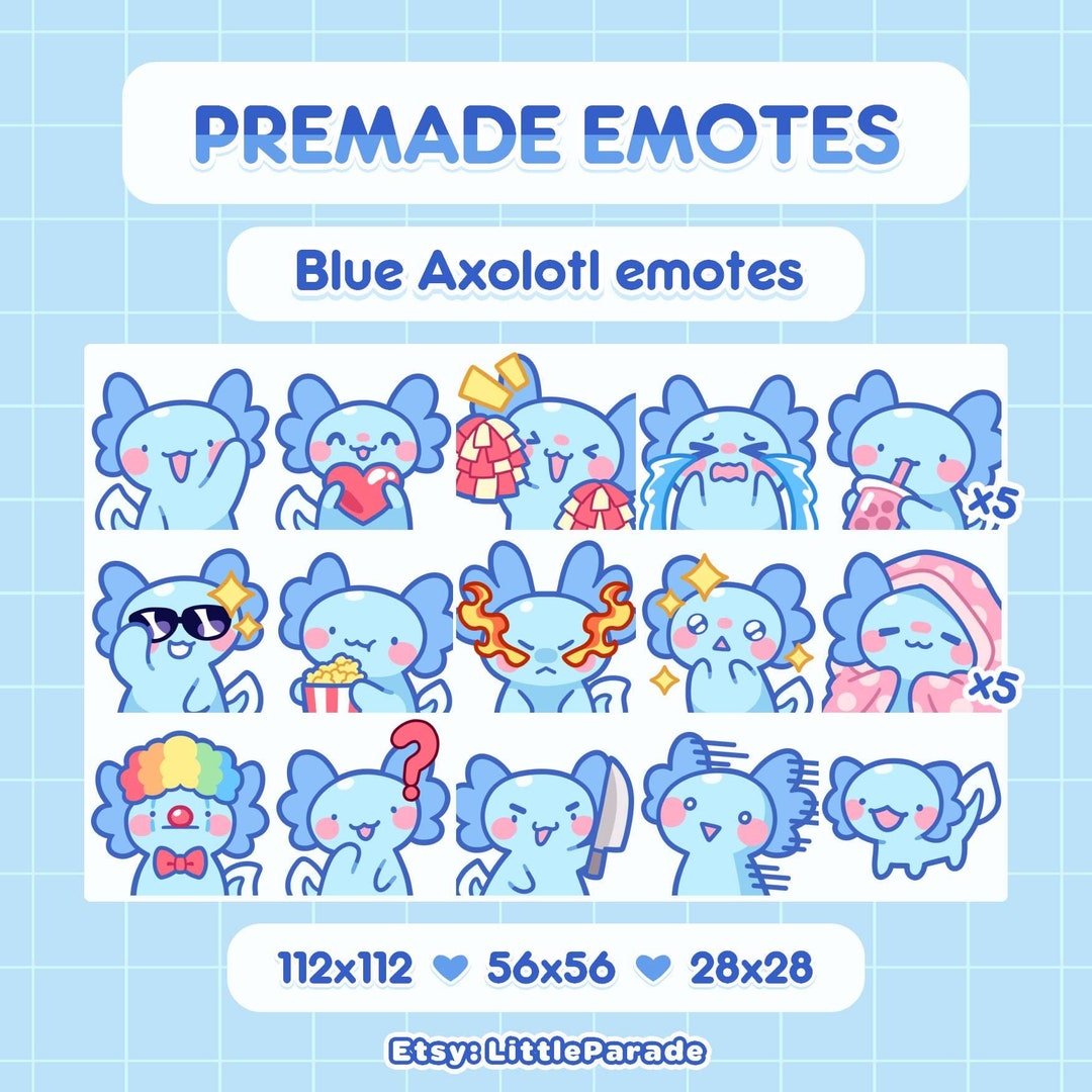 Blue Axolotl - 23 Cute Emotes Set | Premade Emotes Digital Assets ...