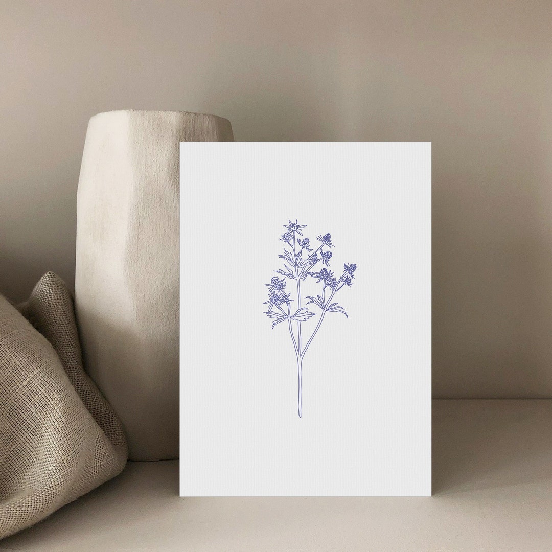 Thistle Postcard, Birthday Card, Lineart, Dried Flower, Gift Card, Blue ...
