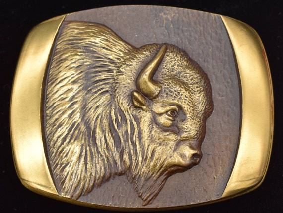 Solid Brass Bison Buffalo Portrait 1970s Vintage Belt… - Gem