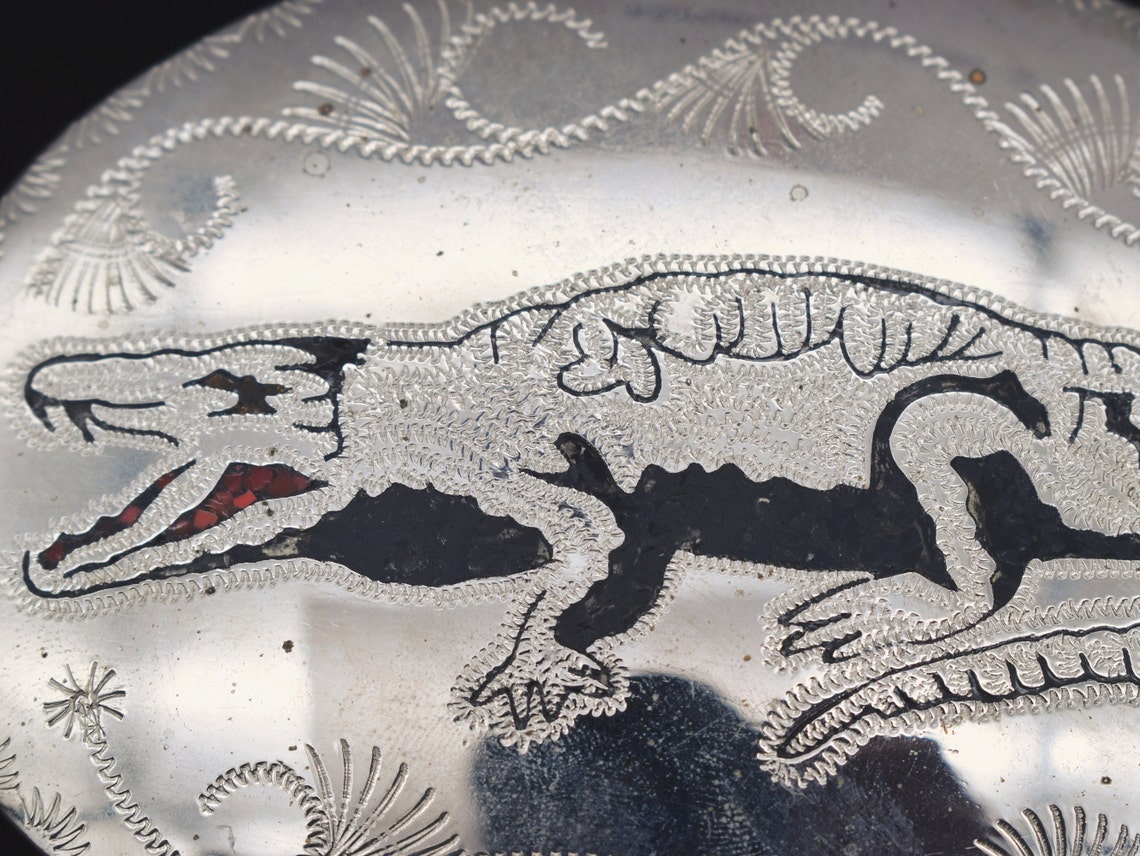 Alligator Handmade Stone Inlay German Silver Tooled Paisley - Etsy