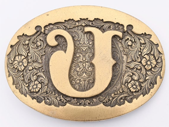 Letter U Initial Name Solid Brass Vintage Belt Buckle - Gem