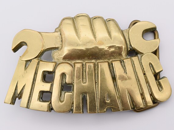 Mechanic Solid Brass 1980s Vintage Belt Buckle - Gem