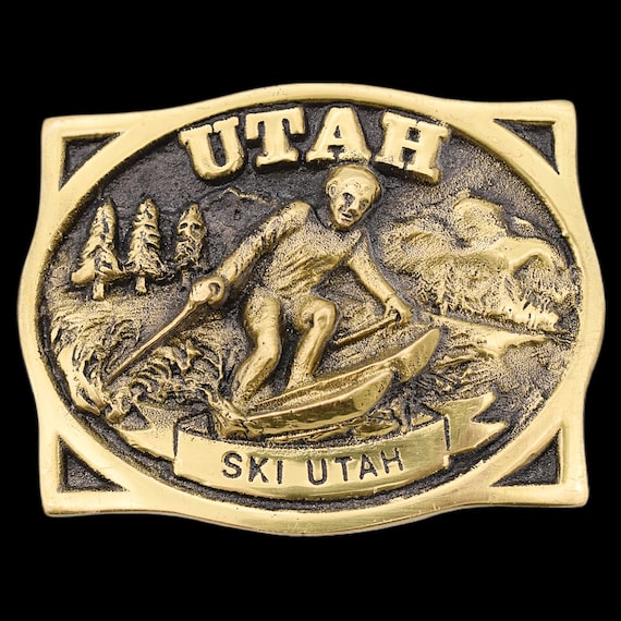 Solid Brass Ski Utah 1980s Vintage Belt Buckle - Gem