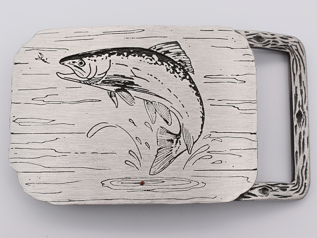Jumping Trout Bug Hatch Fisherman Pewter Old Forge Metals Vintage Belt ...