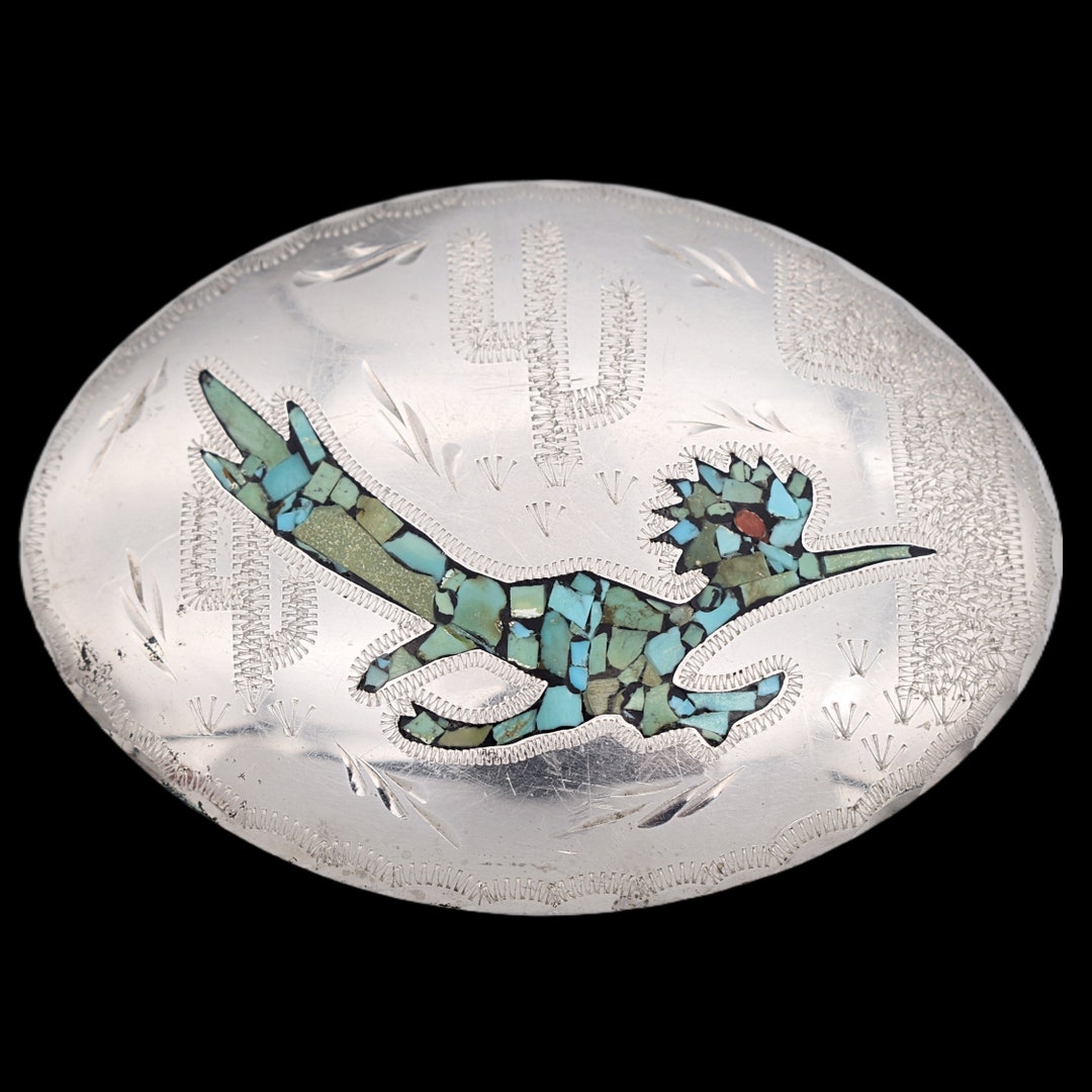 German Silver Roadrunner Engraved Cactus Desert Scene BM Vintage Belt ...