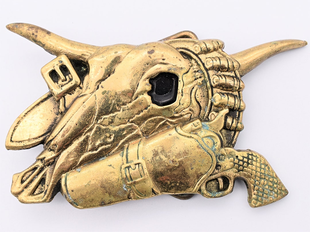 Solid Brass Gun Belt Bandoleer Cow Skull Revolver 6-shooter Cowboy Gun ...
