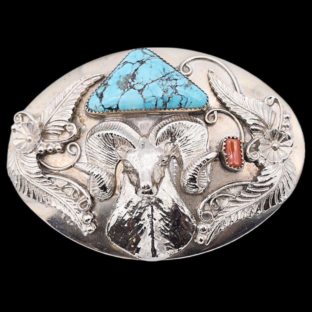 Sheep Ram German Silver Turquoise Red Coral Vintage Belt Buckle - Etsy