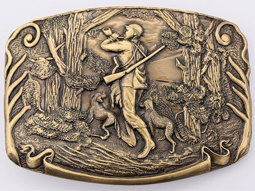 Solid Brass Hunting Dogs Horn Fox Rabbit Hunt 1970s Vintage Belt Buckle ...