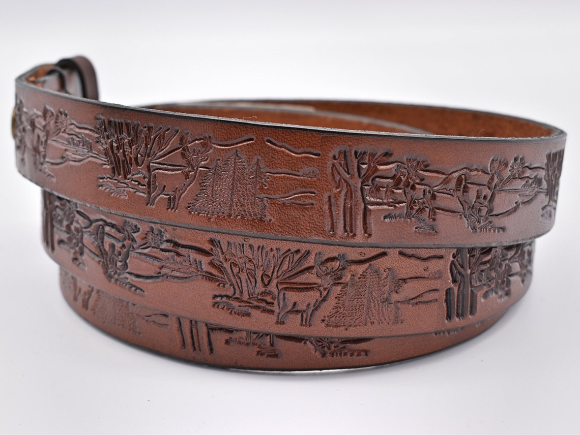 Vintage Genuine Leather Handmade Deer Buck Forest Woods Scene Belt ...