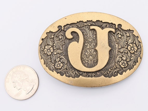 Letter U Initial Name Solid Brass Vintage Belt Buckle - Gem