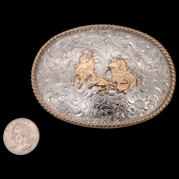 Team Roping Western Paisley 1980s Vintage Belt Buckle… - Gem