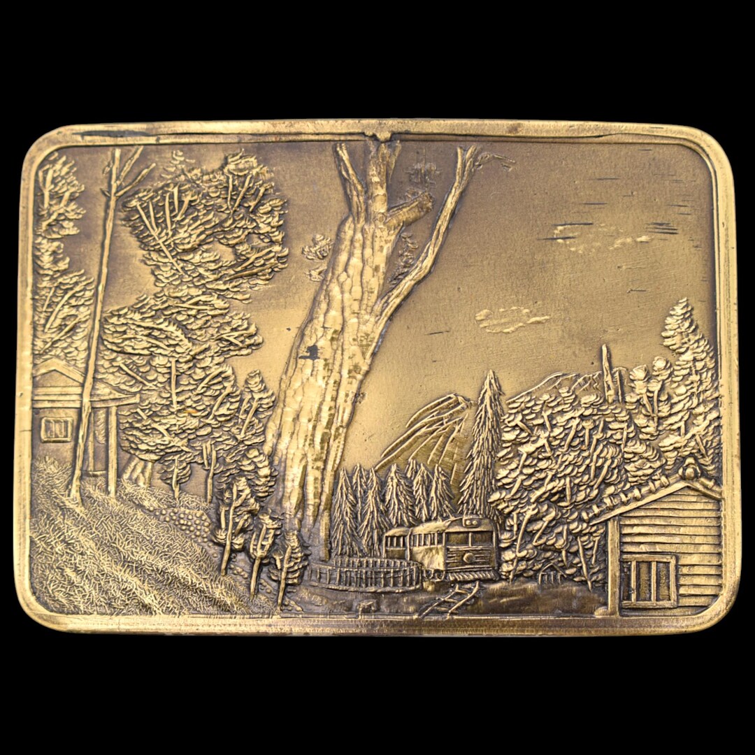Solid Brass Log Cabin Train Trolley Village Mountain Town Vintage Belt ...