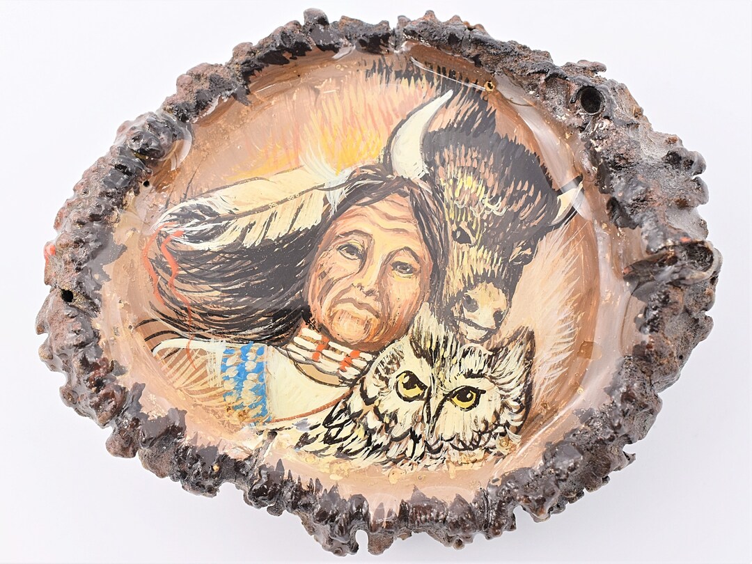 Elk Antler Painted Indian Woman Buffalo Owl Rosette Crown Burr Vintage ...