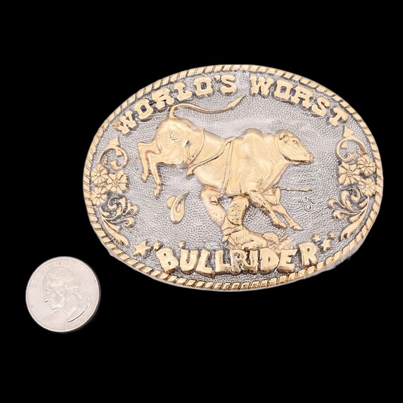 World's Worst Bull Rider Gold & Silver Plate Solid Br… - Gem
