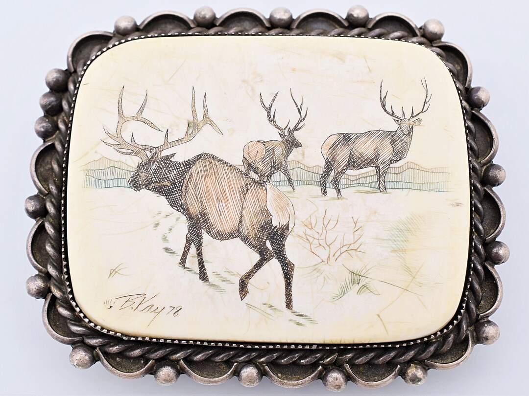 Sterling Silver Elk Antler Carving Bull Elks Scene Vintage Belt Buckle ...